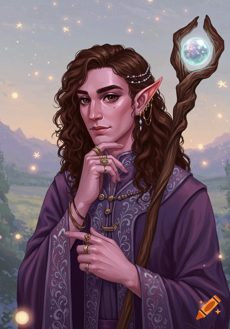 Wizard elf with pink skin, brown eyes, and long curly brown hair on Craiyon