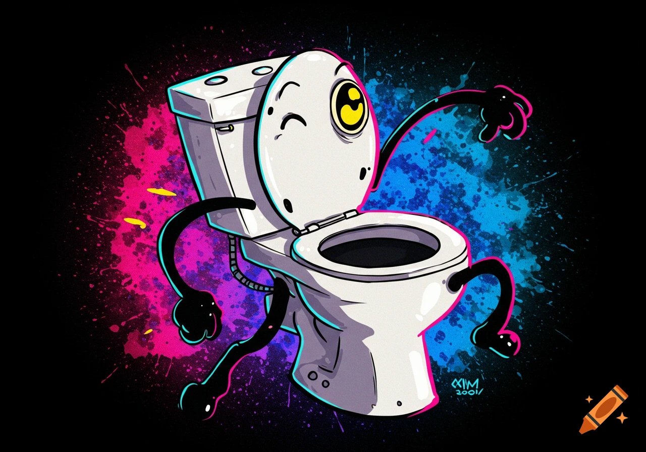 Cartoon toilet character with eyes and arms, smiling against a pink and ...