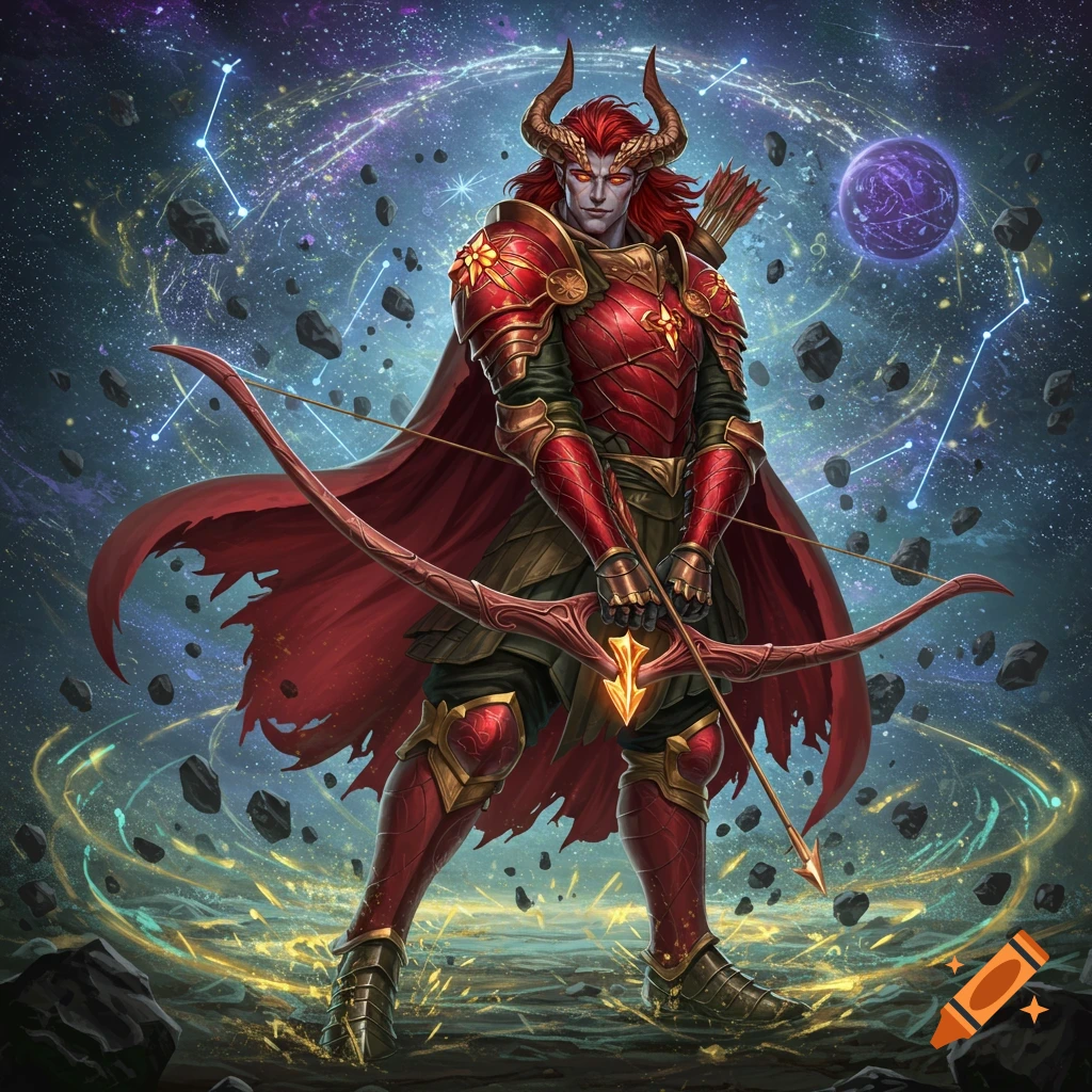 A demon king with horns, gold armor, and a sword, standing against a ...