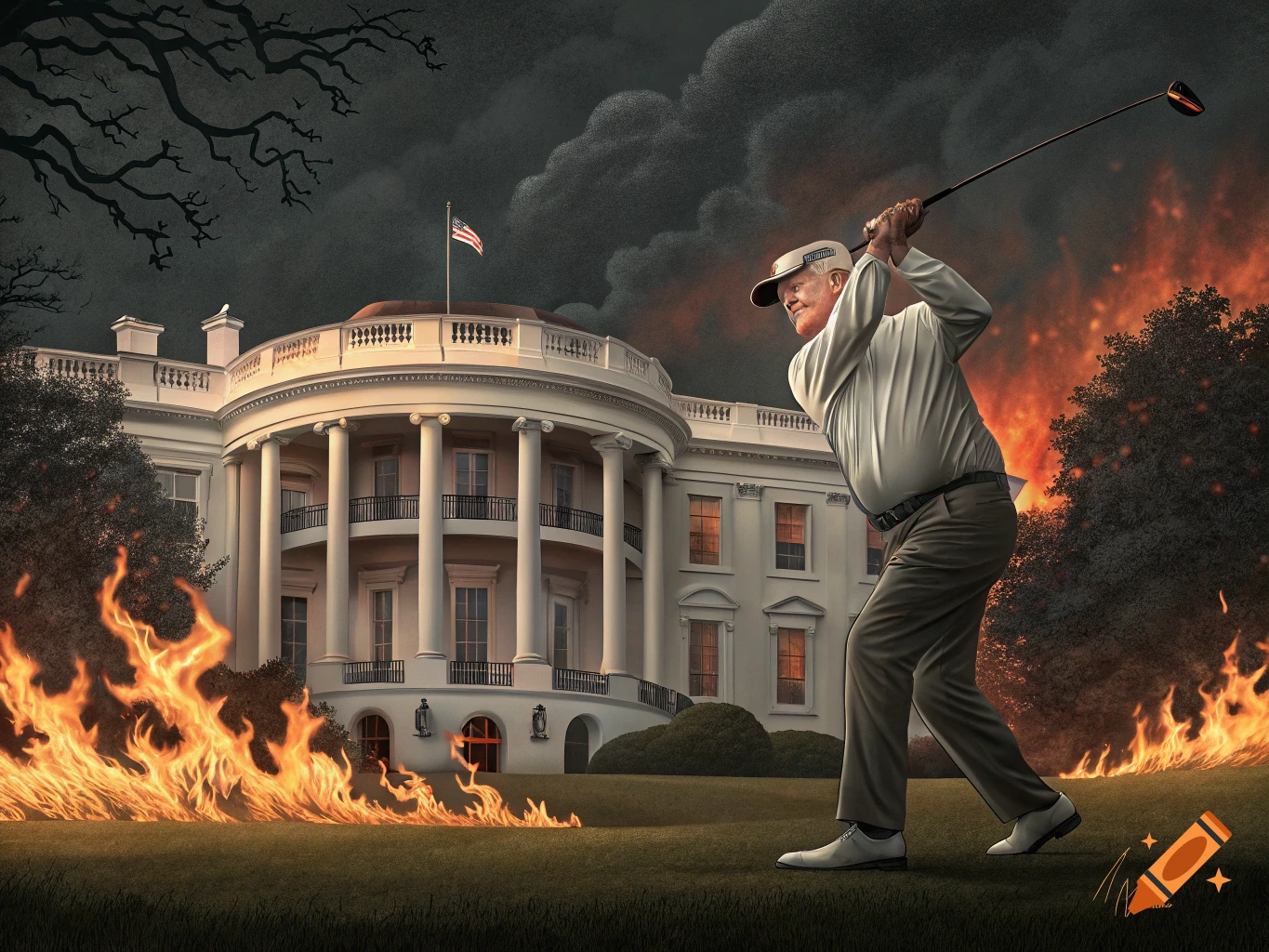 Trump golfing in front of a burning White House under a dark sky. on ...