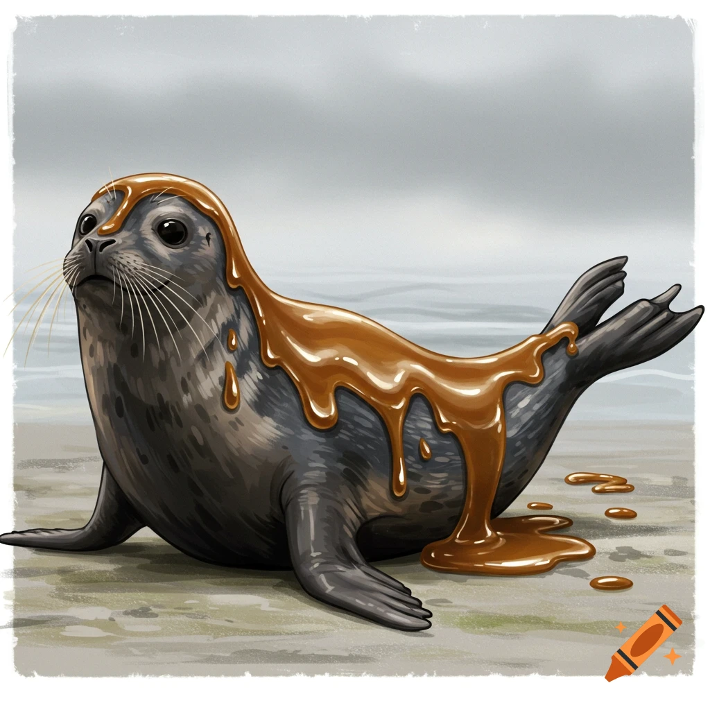 A seal on a beach covered in gravy on Craiyon