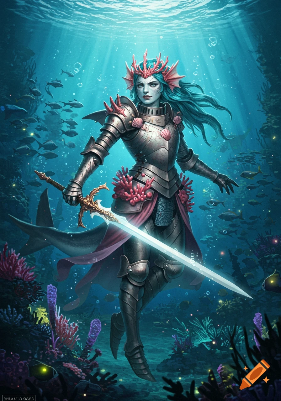 A fantasy illustration of a female sea elf warrior with a trident ...