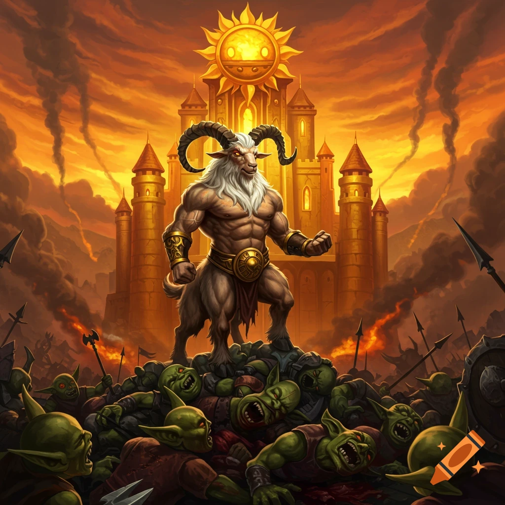Victorious goat standing over fallen enemies in front of sunfire castle ...