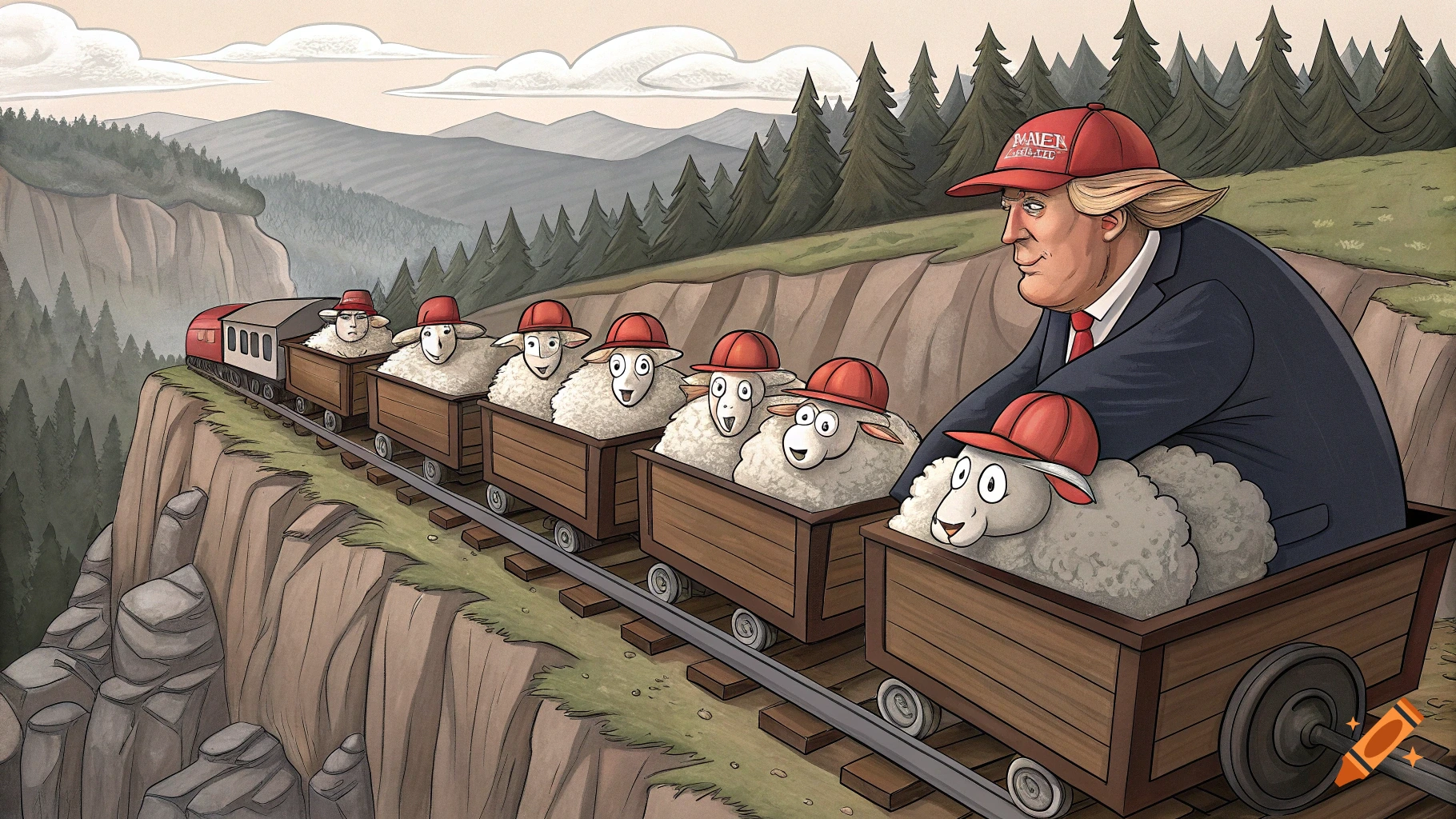 Trump driving train with sheep off a cliff cartoon illustration red ...