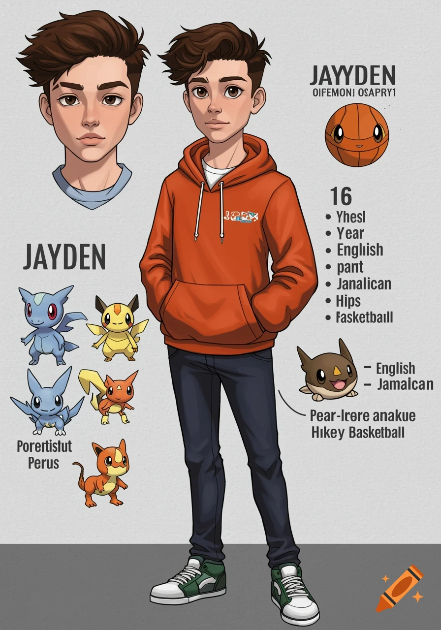 Cartoon of 16 year old mixed-race boy, Jayden, likes Pokemon and basketball on Craiyon