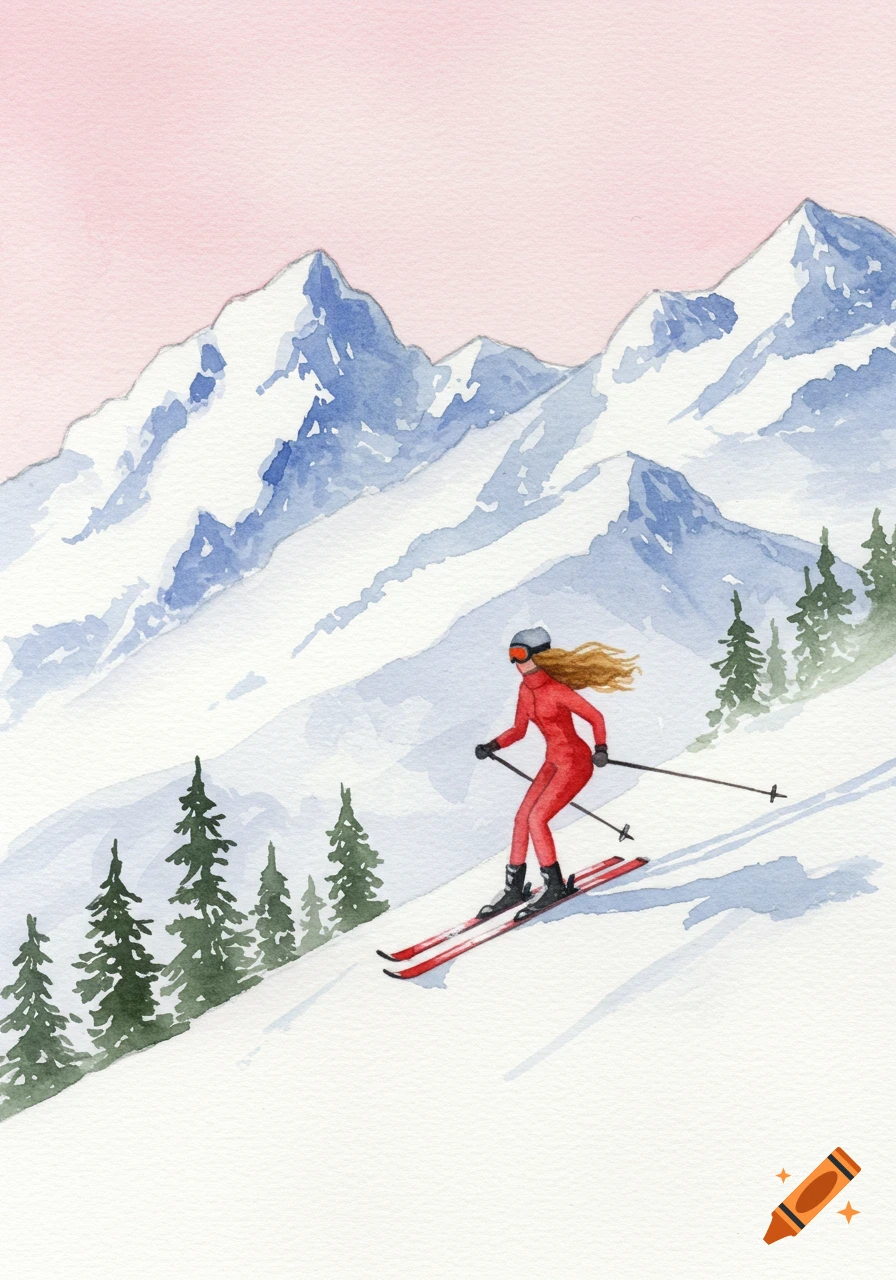Watercolor illustration of a woman skiing down a snowy mountain slope with pine trees. on Craiyon
