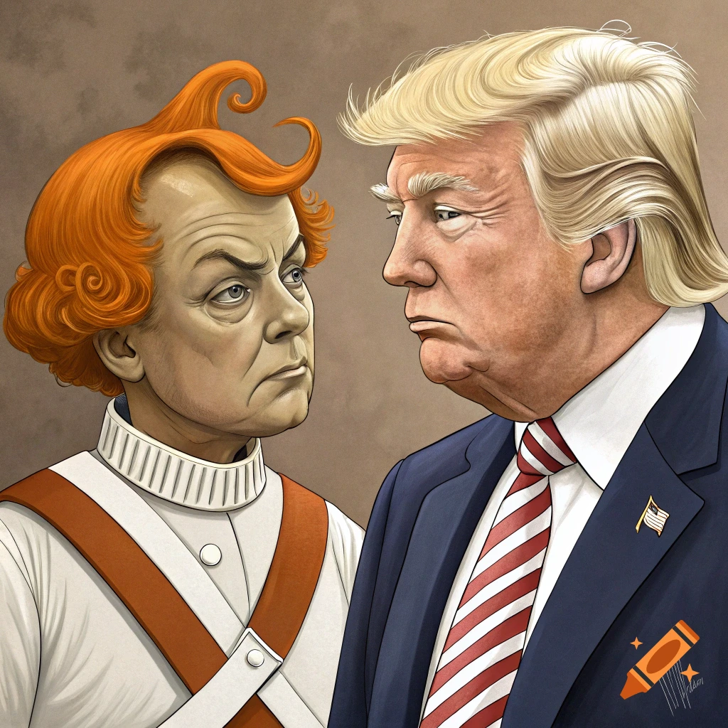 Illustration of a caricature of Donald Trump looking at a figure with ...