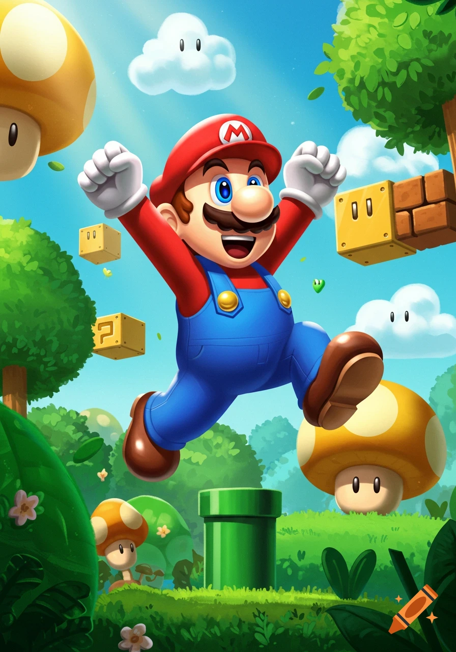 Super Mario jumps in a colorful 3D landscape filled with coins ...