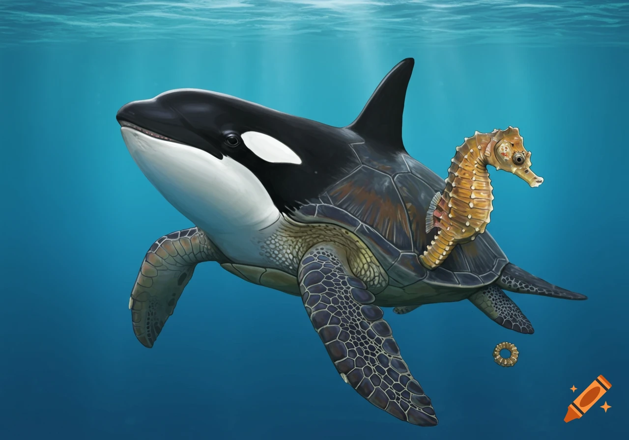 An orca-headed turtle swims underwater with a seahorse on its back. on ...