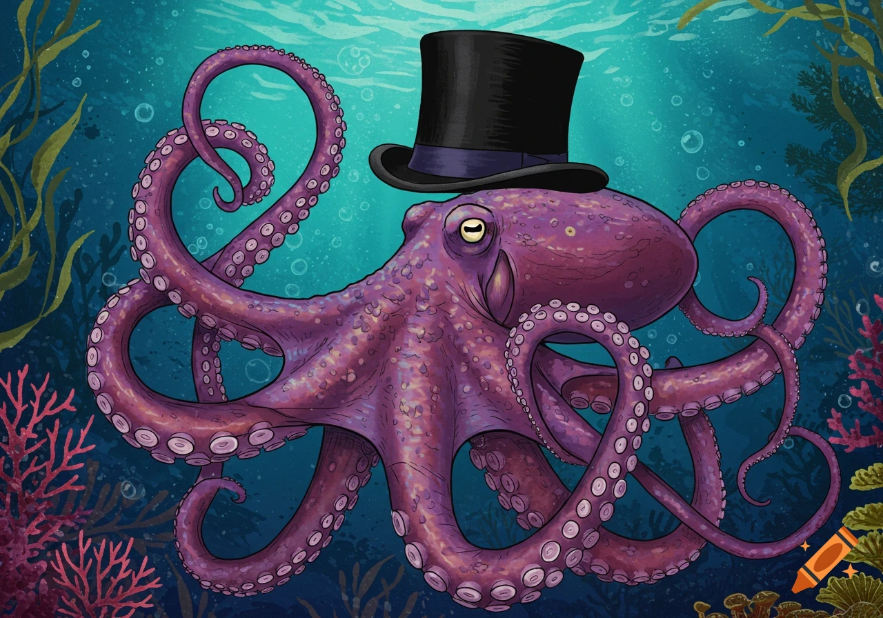 A purple octopus wearing a black top hat swims underwater. on Craiyon