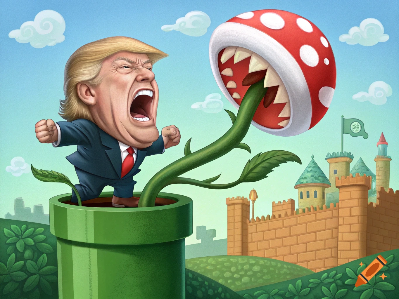 Cartoon of Piranha Plant eating Donald Trump in a Mario setting on Craiyon