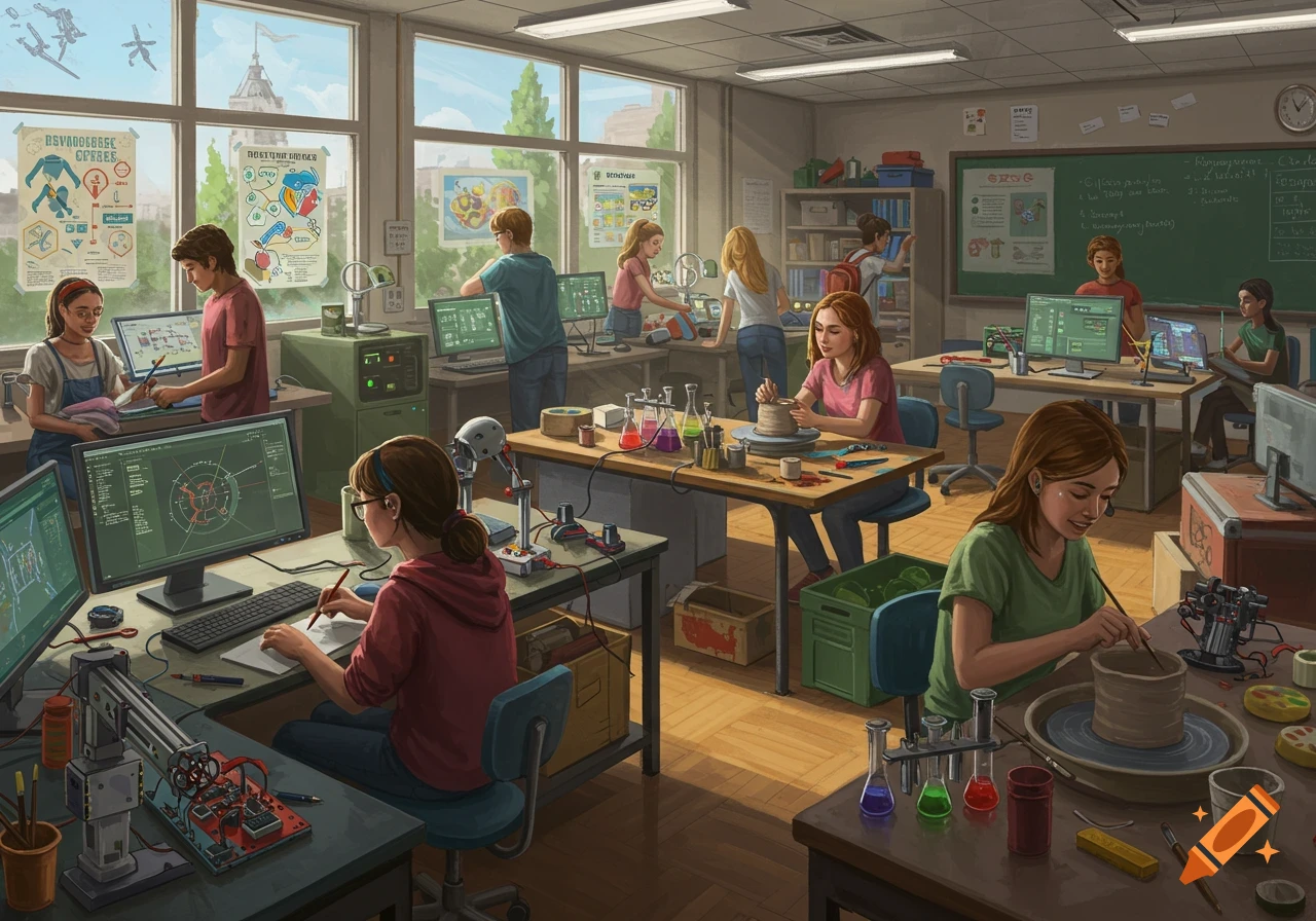 Students working on various projects in a busy STEAM classroom. on Craiyon