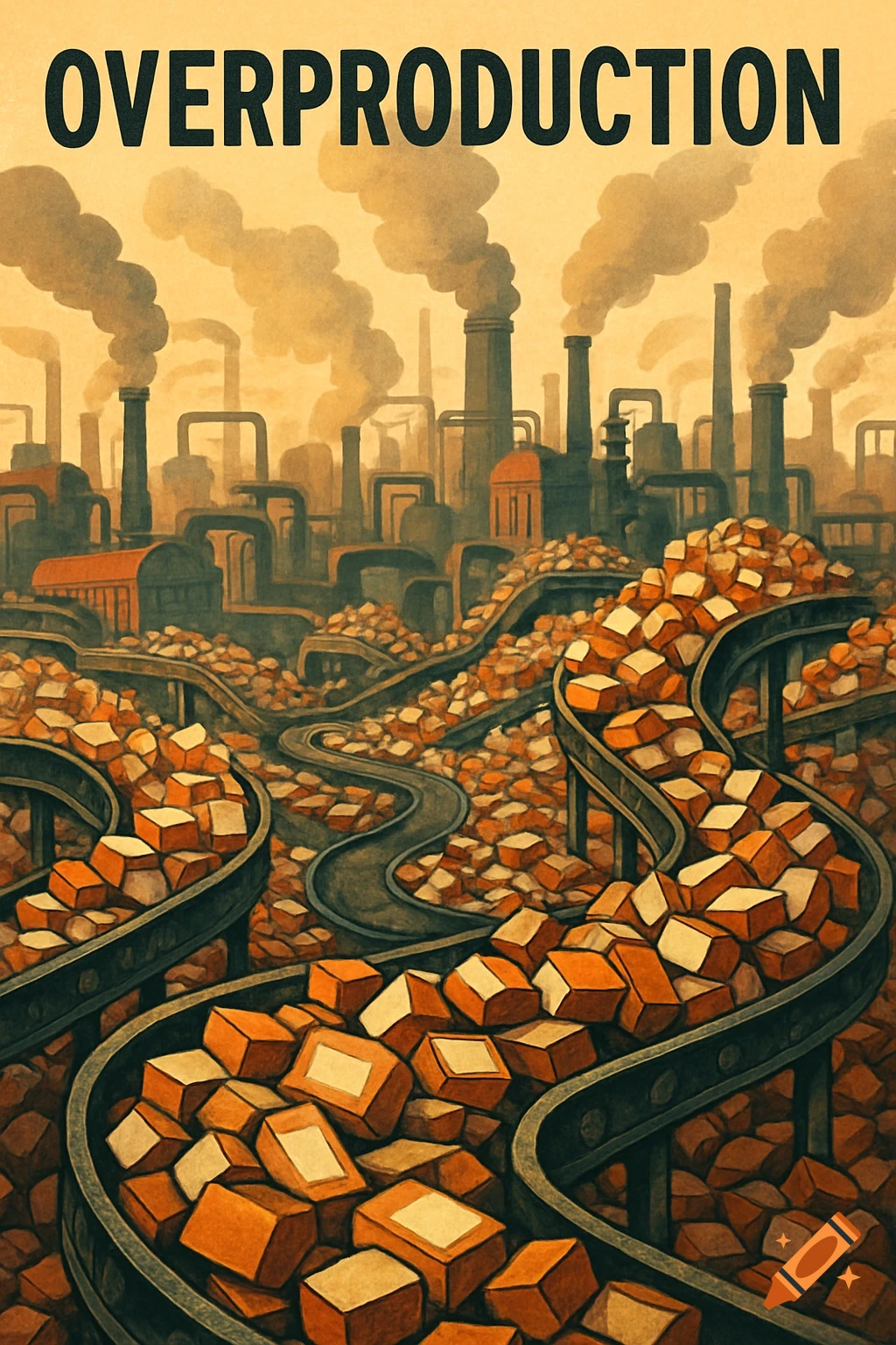 Poster showing smoking factories and conveyor belts overloaded with ...