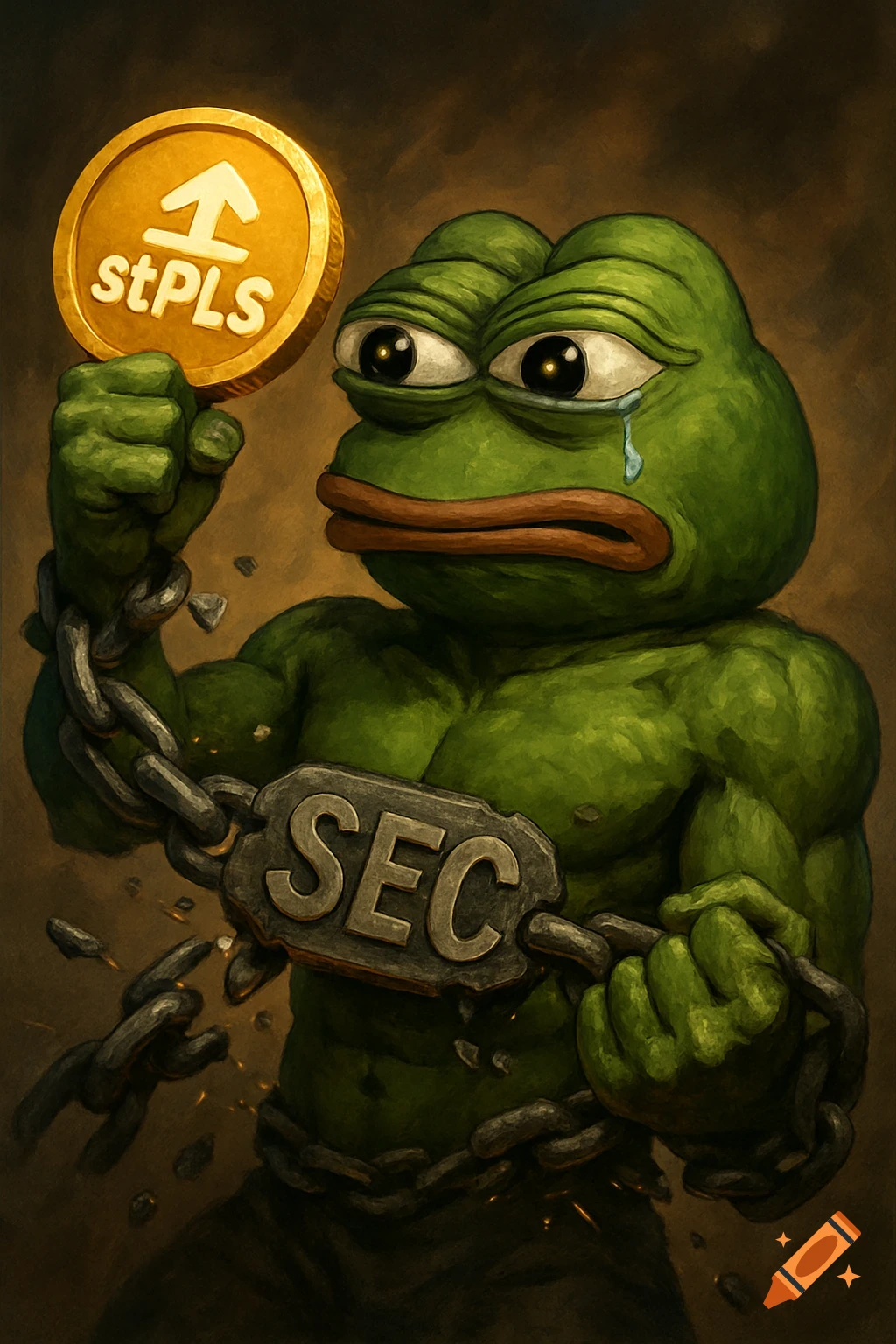 A muscular Pepe is breaking chains and holding a 'stPLS' coin. on Craiyon