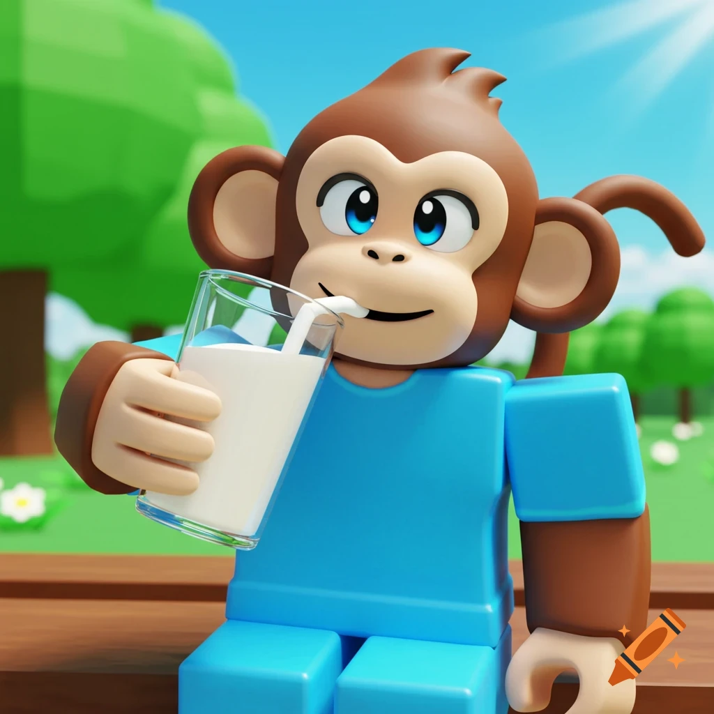 Roblox style monkey avatar drinks milk from a glass. on Craiyon