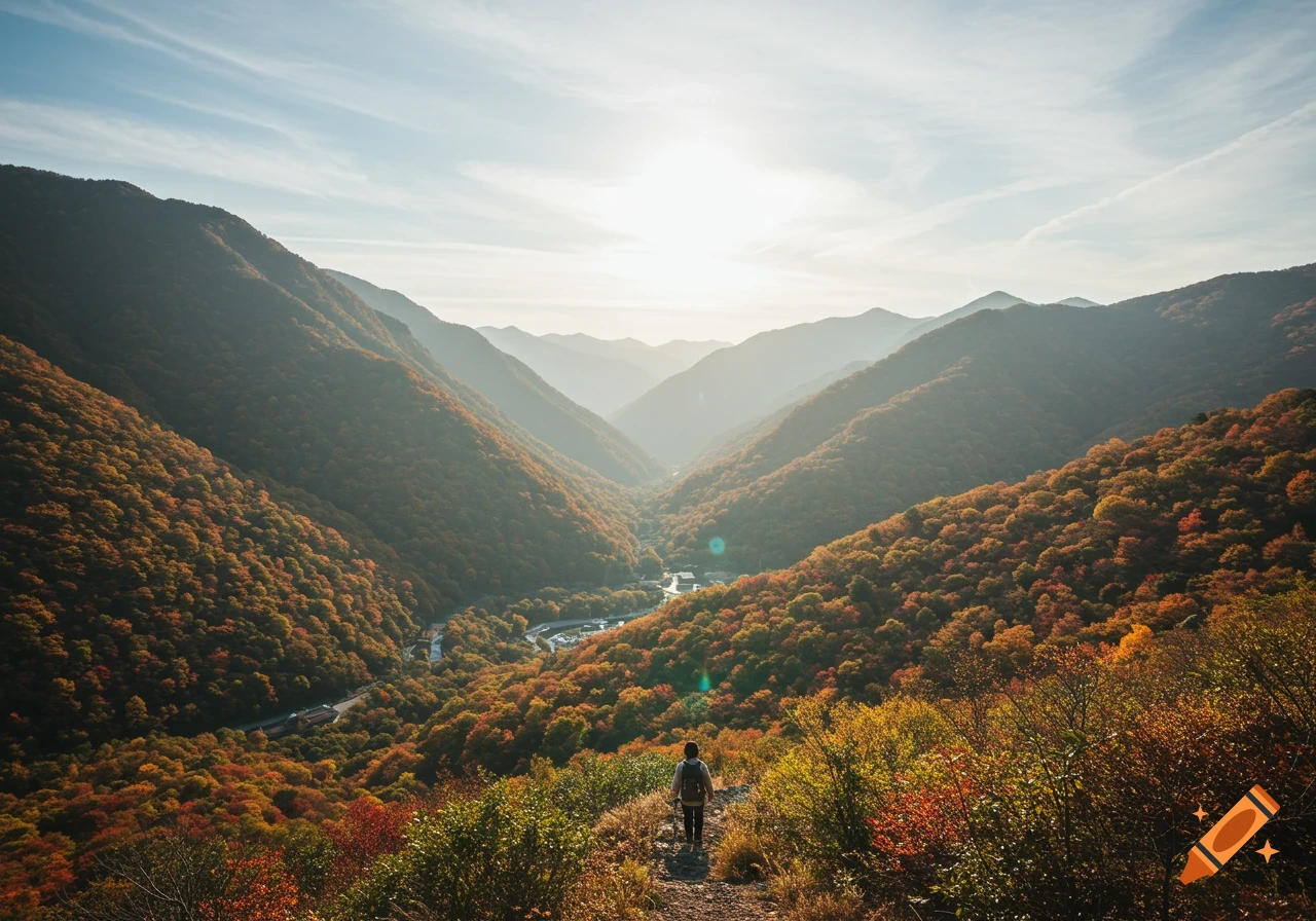 A person hikes a trail overlooking a valley of mountains covered in ...