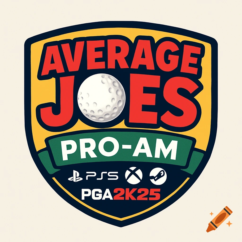 Average Joes Pro-Am golf society cartoon logo with shield shape on Craiyon