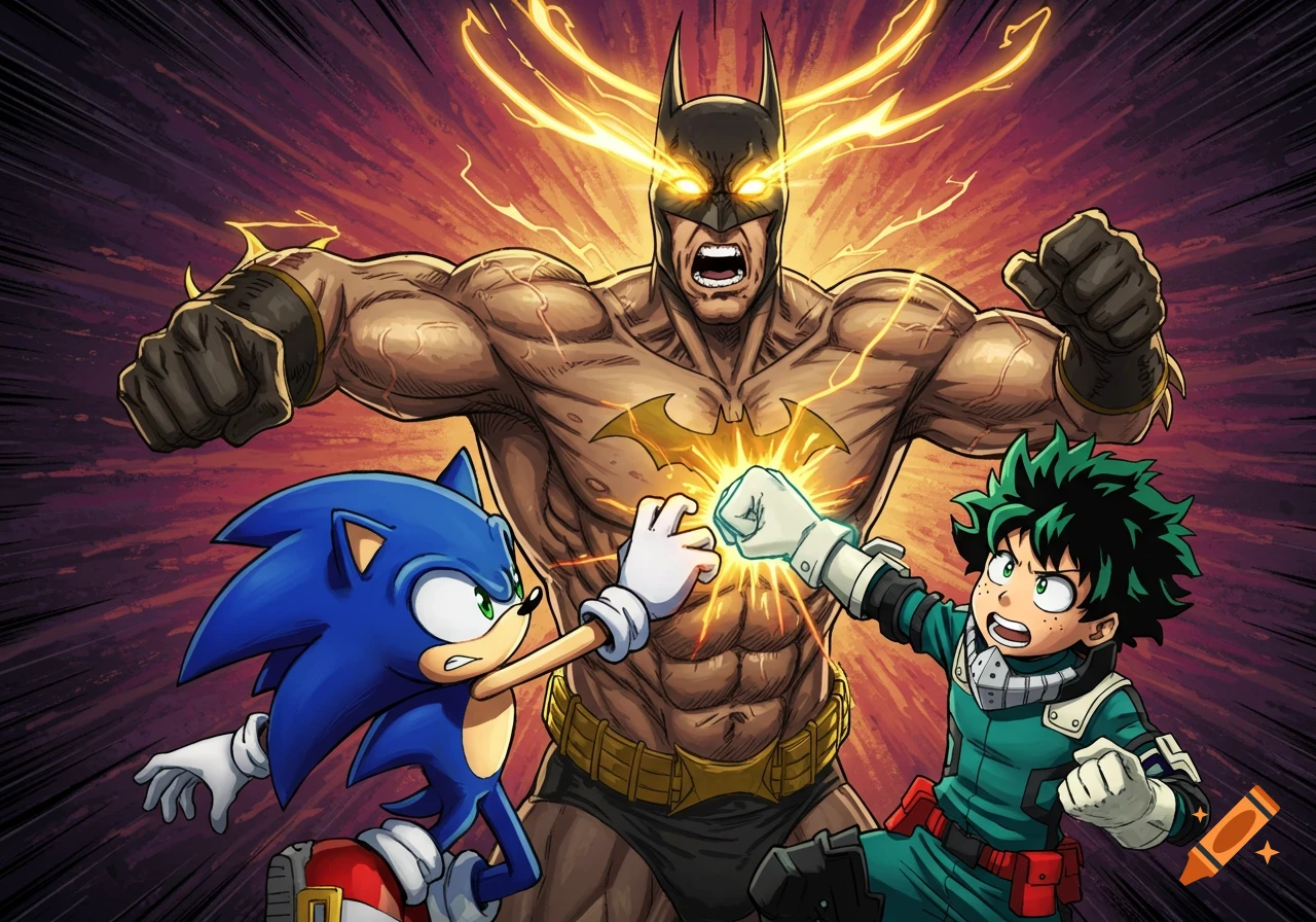 Batman punching Sonic and Deku on Craiyon
