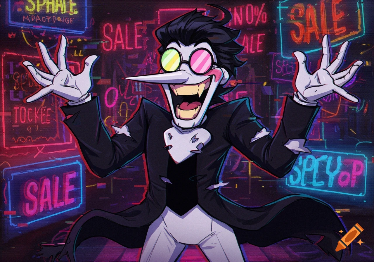 Spamton G. Spamton from Deltarune with arms raised in front of glitchy ...