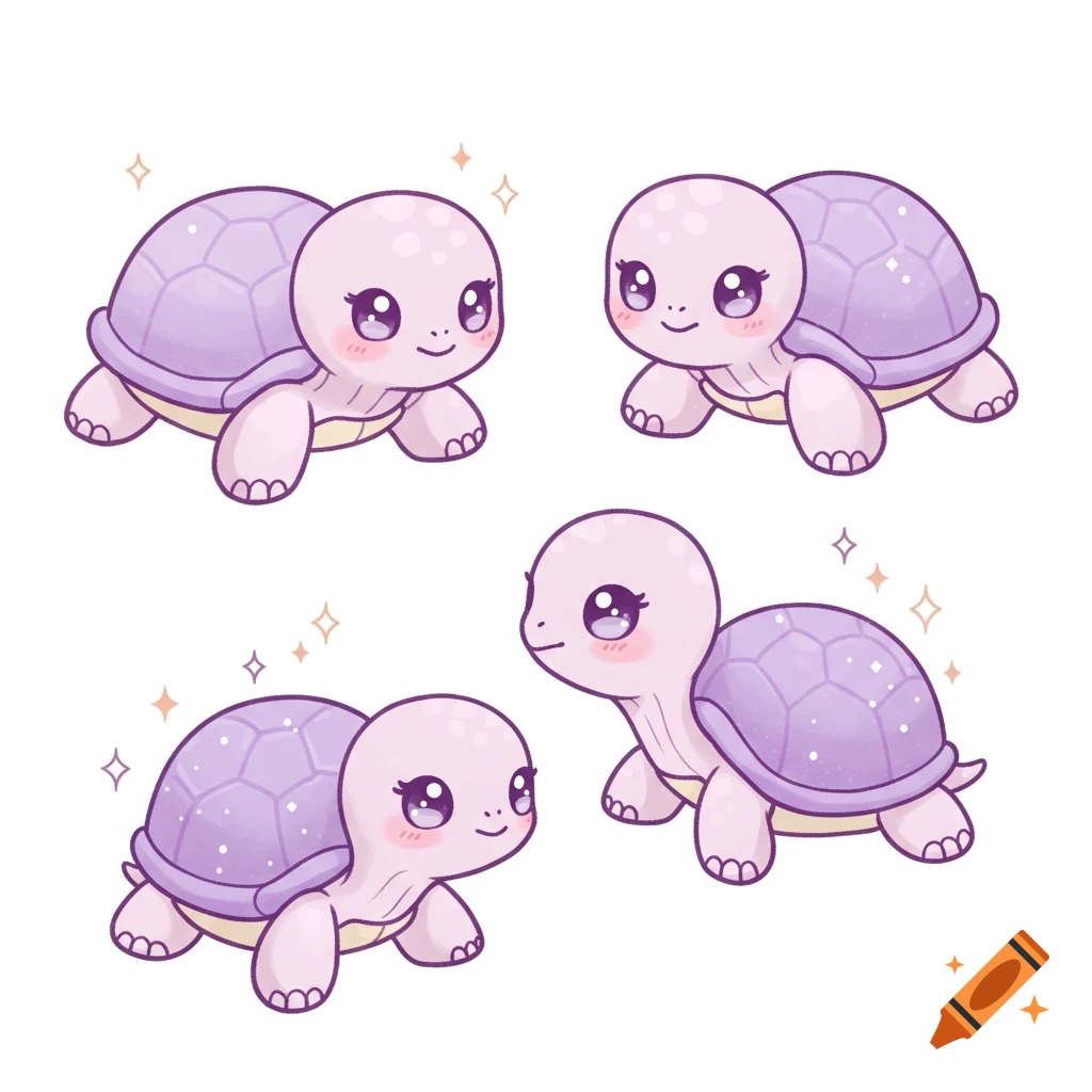 Four cute cartoon turtles with purple shells and pink bodies on a white ...