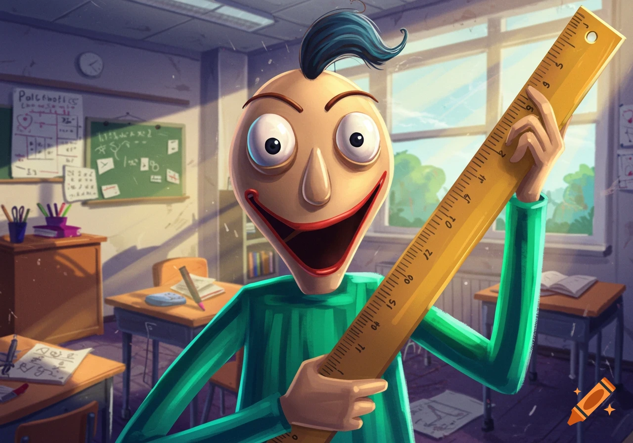 A cute blue sphere cartoon character studies geometry at a desk in a ...