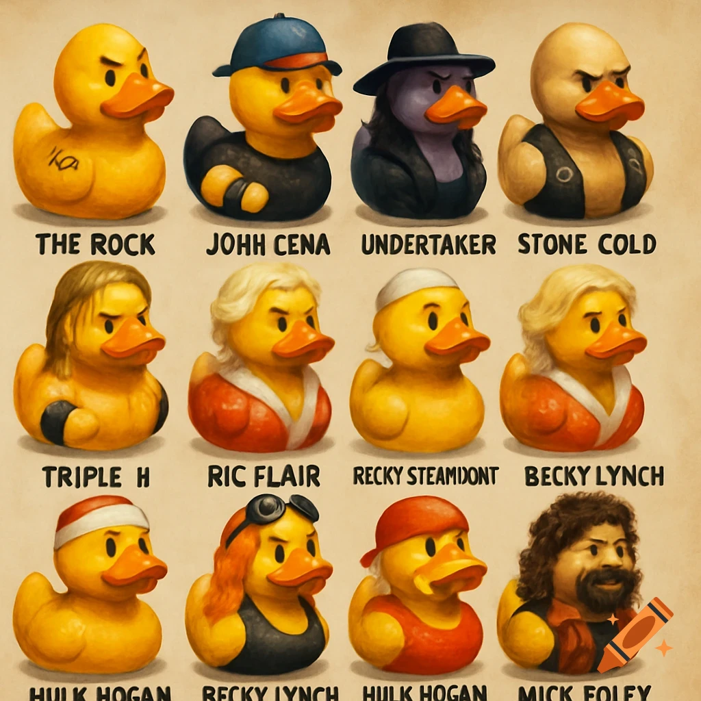 WWE wrestler inspired rubber ducks with names under them on Craiyon