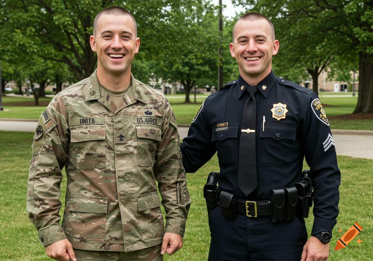 Two men in uniform, Airman and Police Officer, smiling on Craiyon
