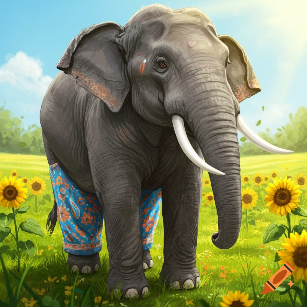 An elephant wearing blue patterned pants in a field of sunflowers. on ...
