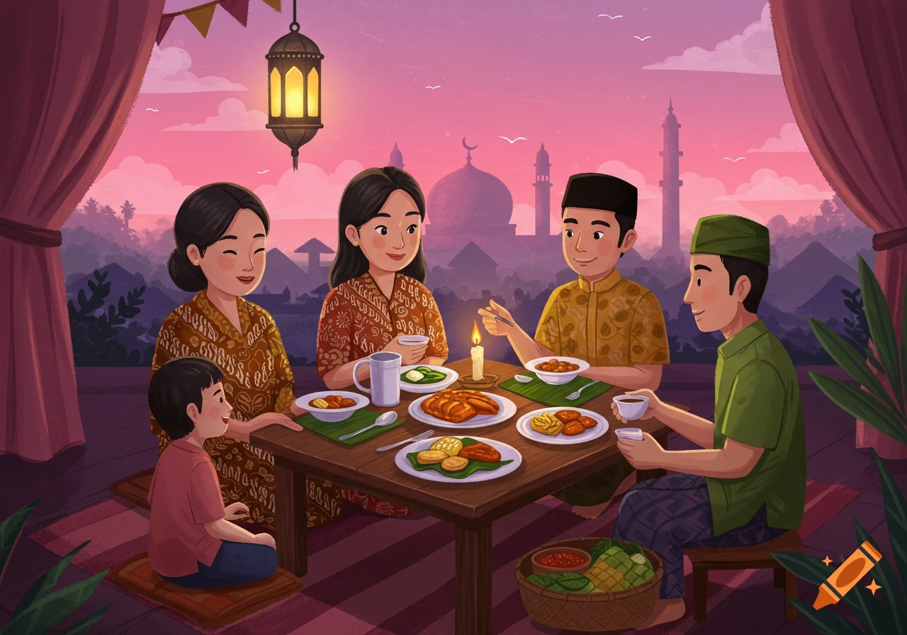 Illustrated scene of a family sharing a festive meal at a table, with ...