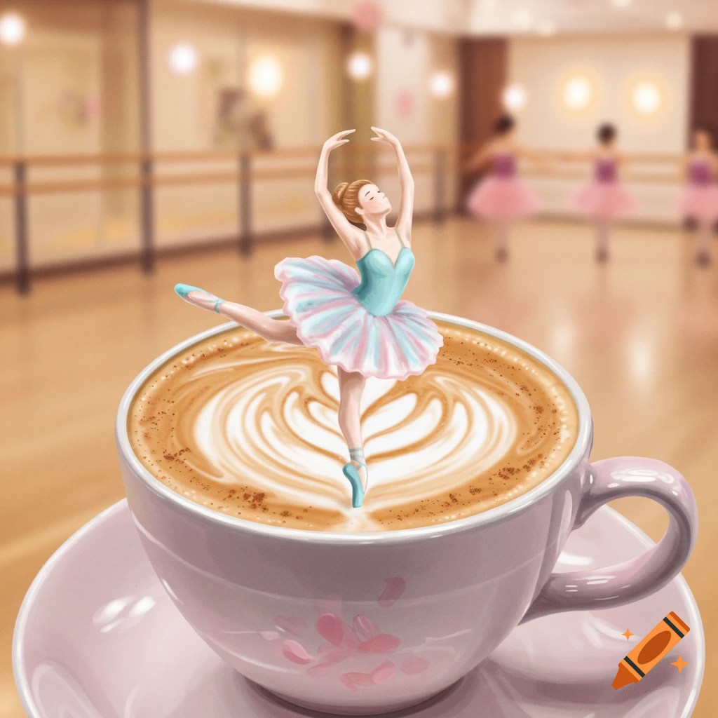 Cartoon illustration of a cappuccino cup dancing ballet. on Craiyon