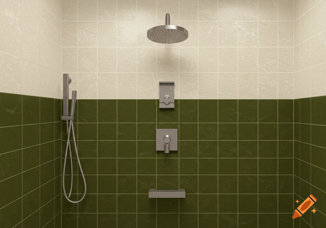 Shower with olive and ivory colored tiles on Craiyon