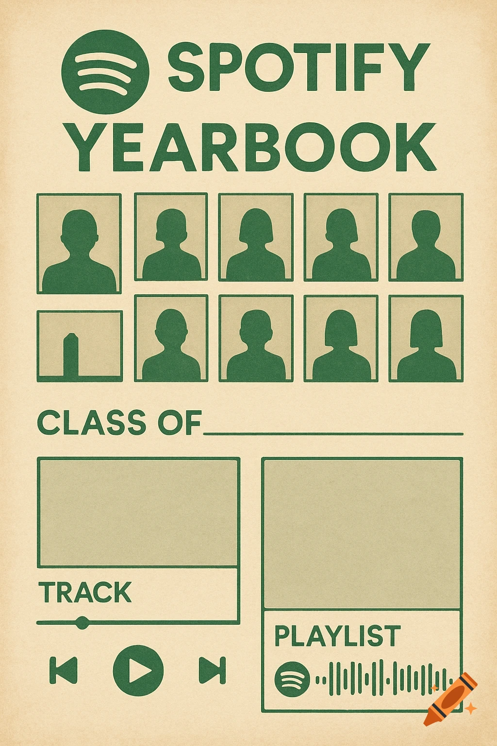 A Spotify theme yearbook template with photo placeholders, text, and ...