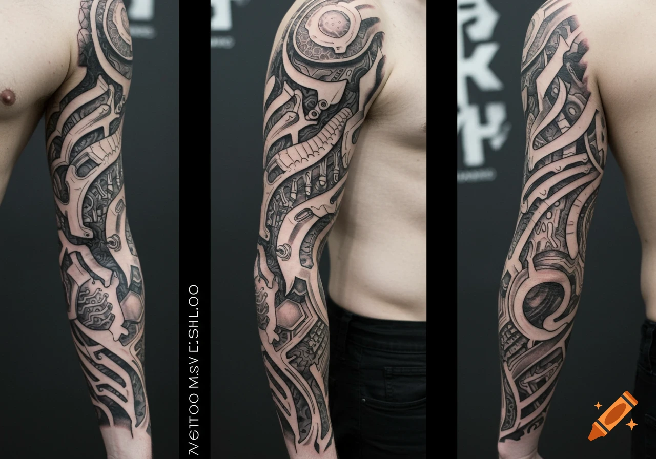 Cyberpunk style black and white tattoo sleeve on Craiyon