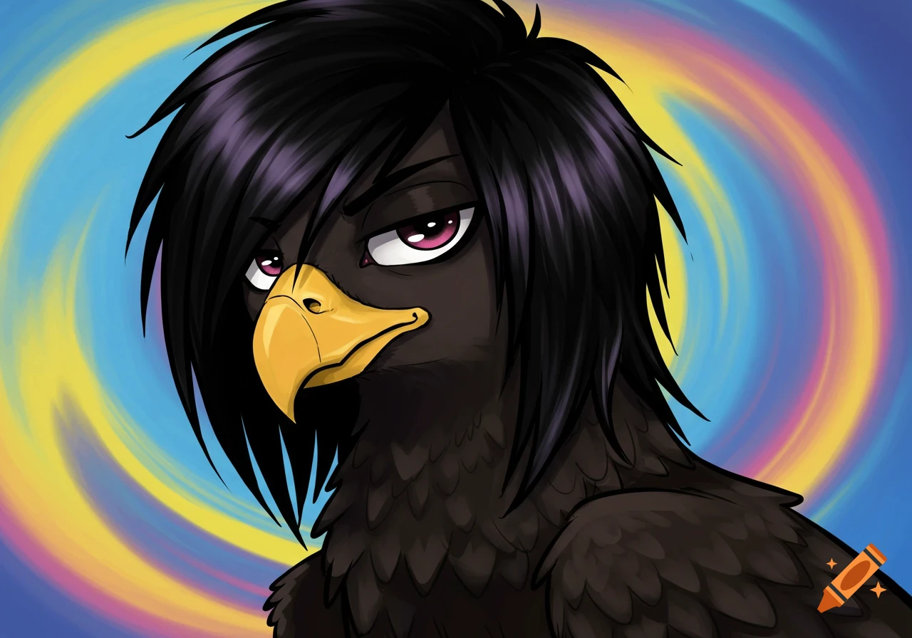 Close-up cartoon illustration of an emo eagle with black hair and pink ...