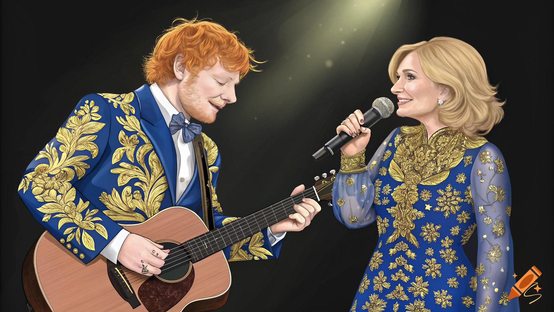 Illustration of two musicians on stage, one playing guitar, the other ...