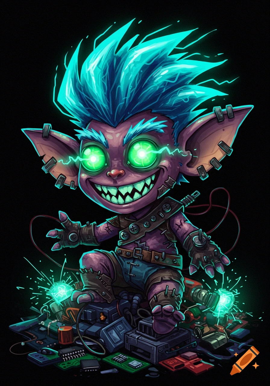 A cool, green goblin with large ears and spiky purple hair wears ...