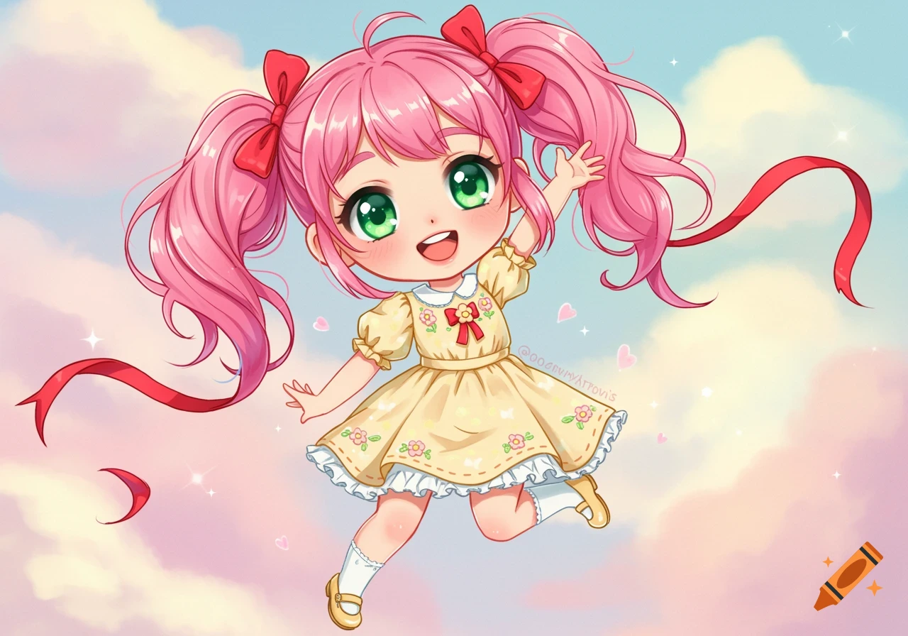Chibi girl with pink fluffy hair floats in a blue sky with clouds and ...