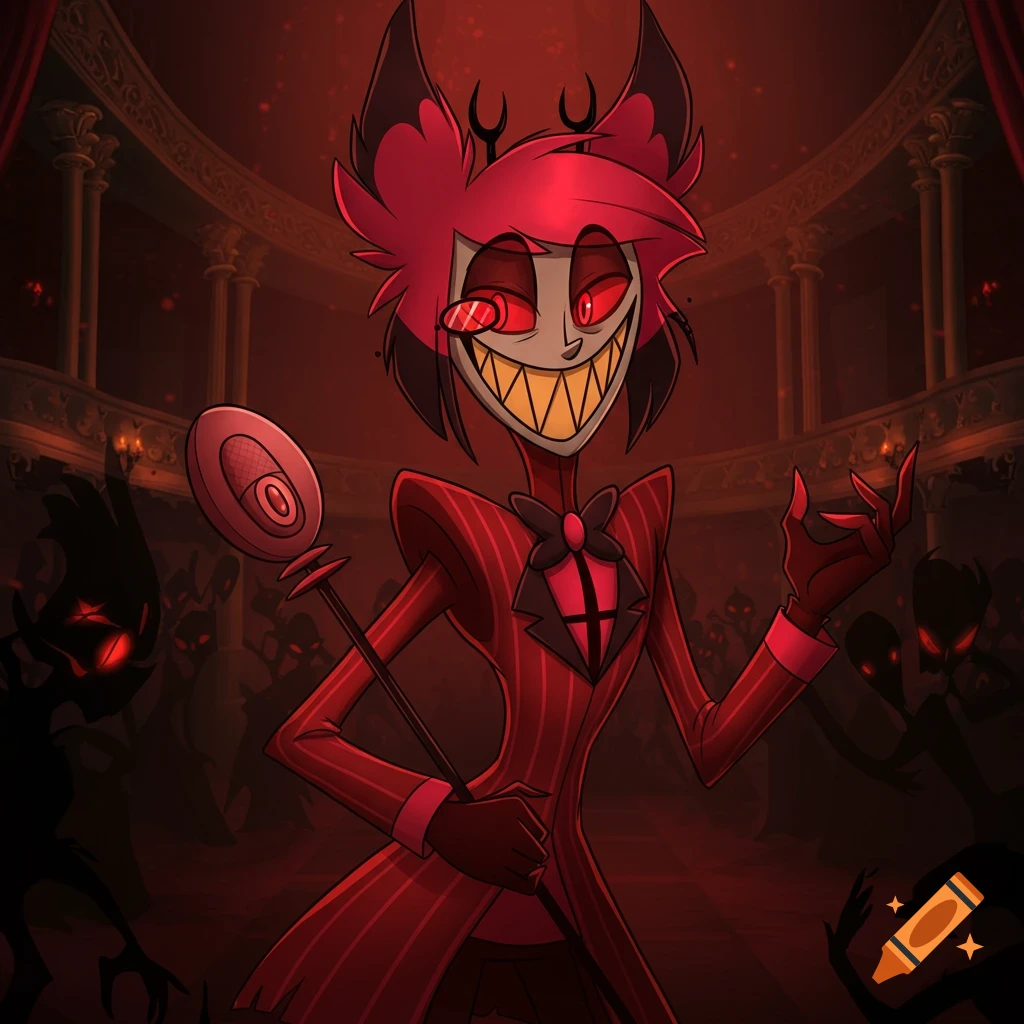 Alastor from Hazbin Hotel holding a microphone on Craiyon