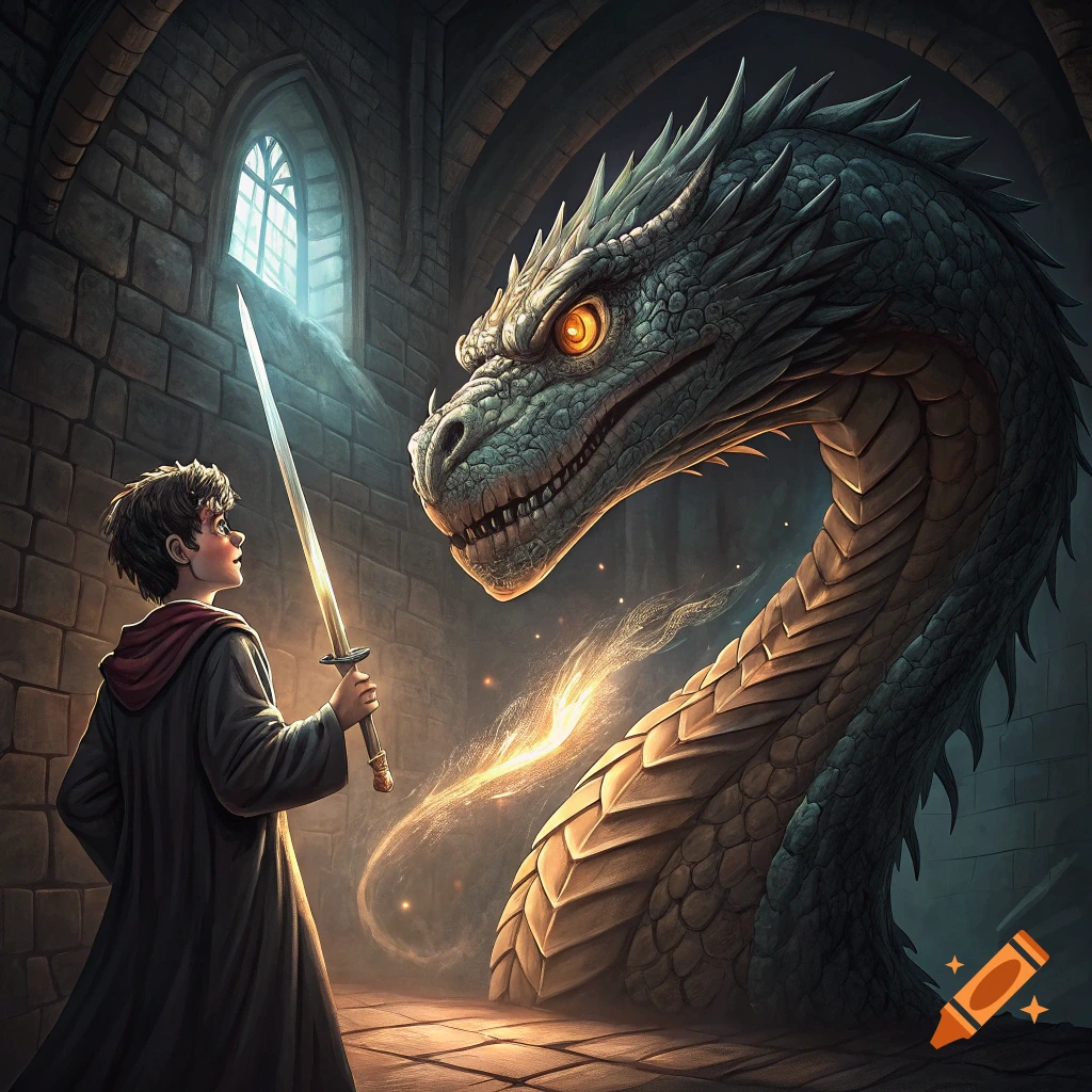 Harry Potter facing the basilisk with the Gryffindor sword on Craiyon