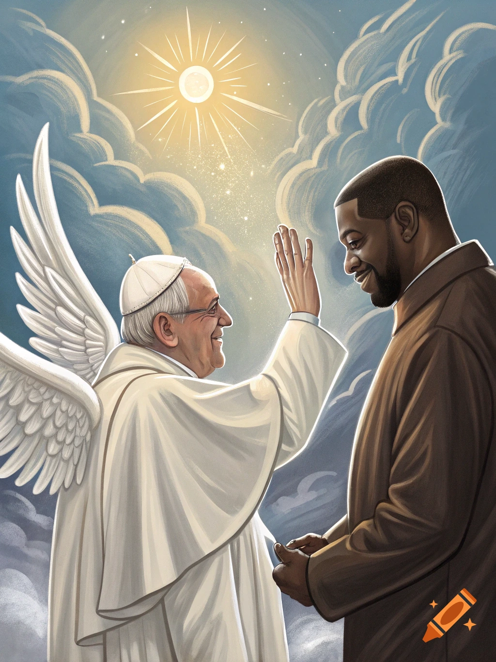 Illustration of the Pope with angel wings meeting a man in heaven under ...