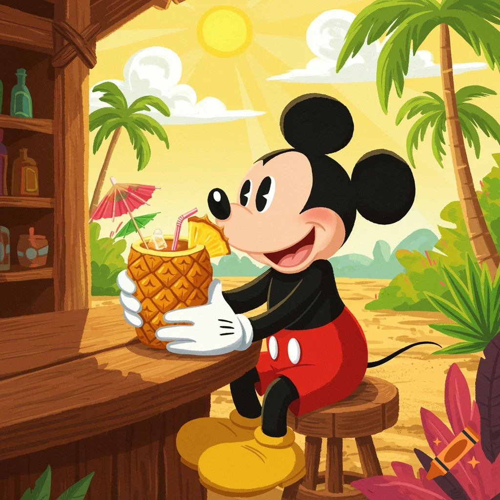 Mickey Mouse enjoys a pineapple drink at a tiki bar on a sunny tropical ...