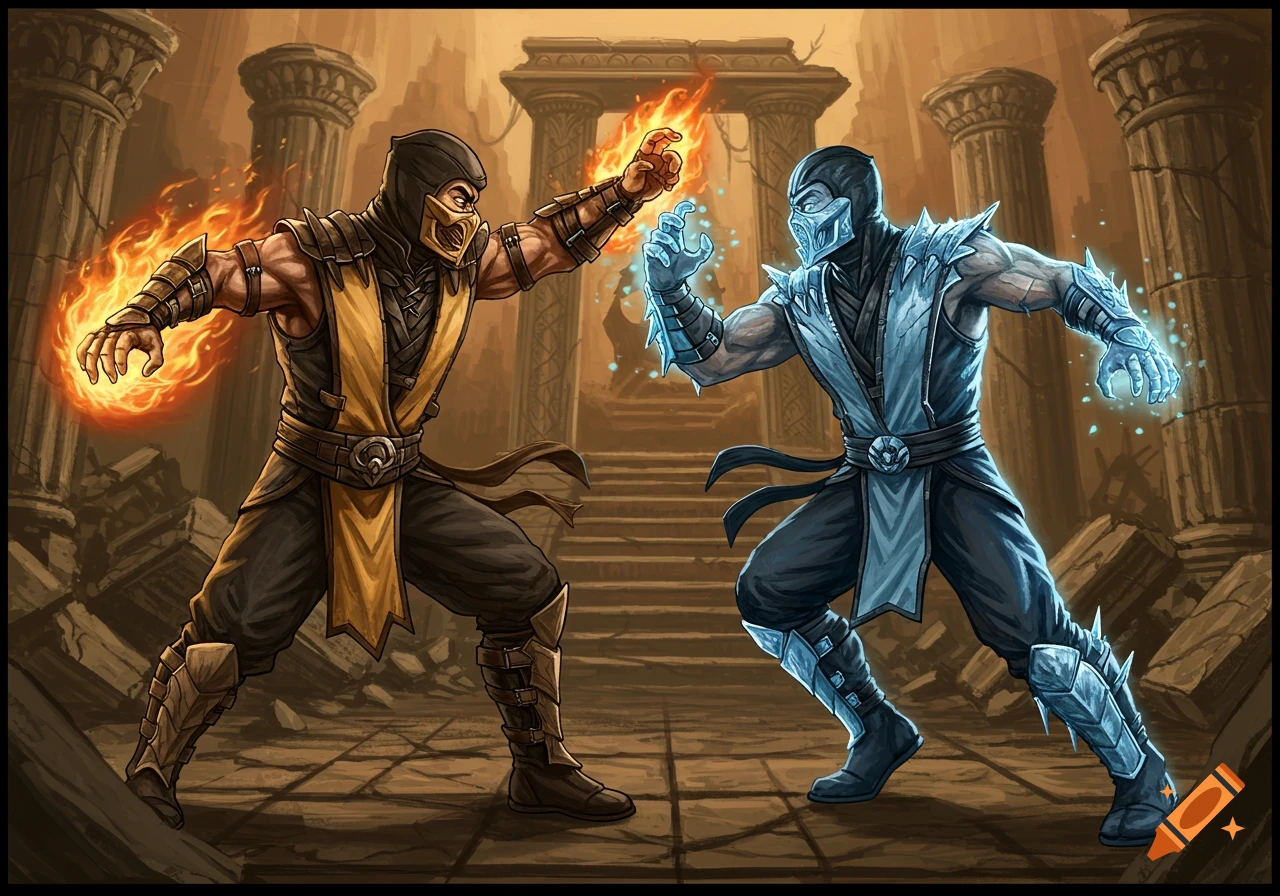 Scorpion and Sub-Zero fighting in ancient ruins. on Craiyon