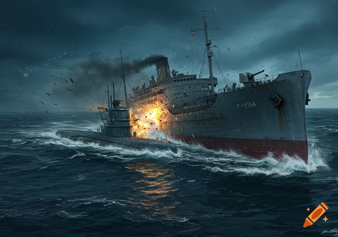 A submarine attacks a cargo ship, causing an explosion in stormy seas ...