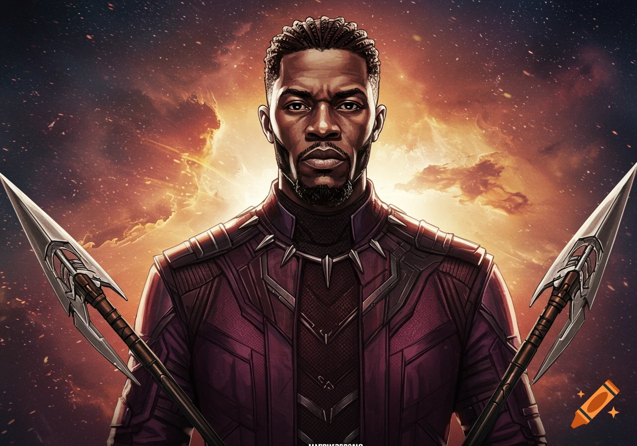 A man in a futuristic purple suit holds spears against a fiery space ...