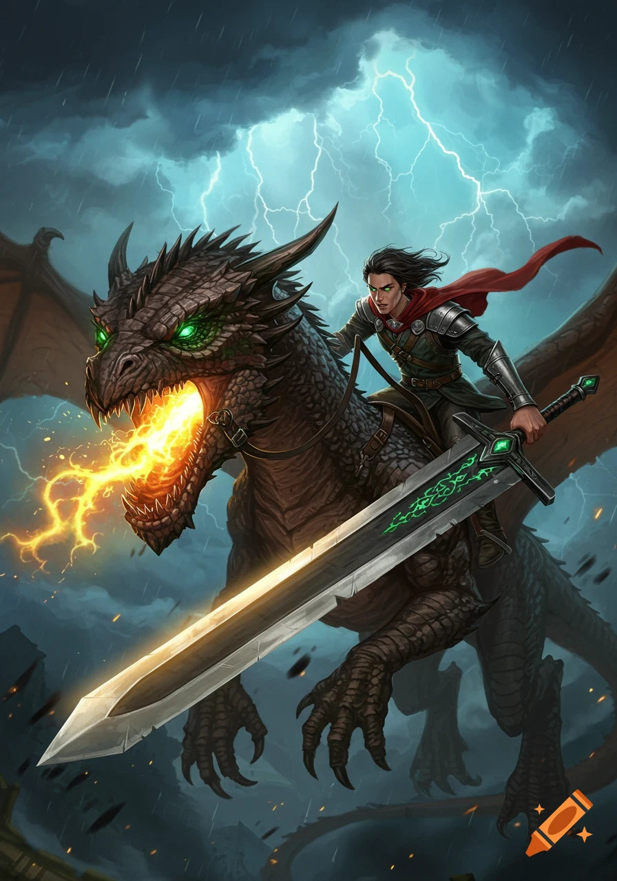 A person rides a fire-breathing dragon through a storm, holding a large ...