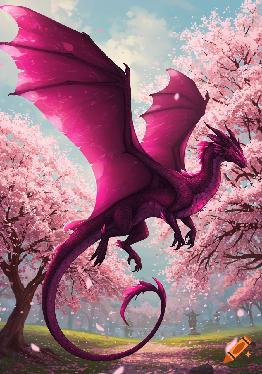 A dark pink dragon flies through cherry blossom trees. on Craiyon