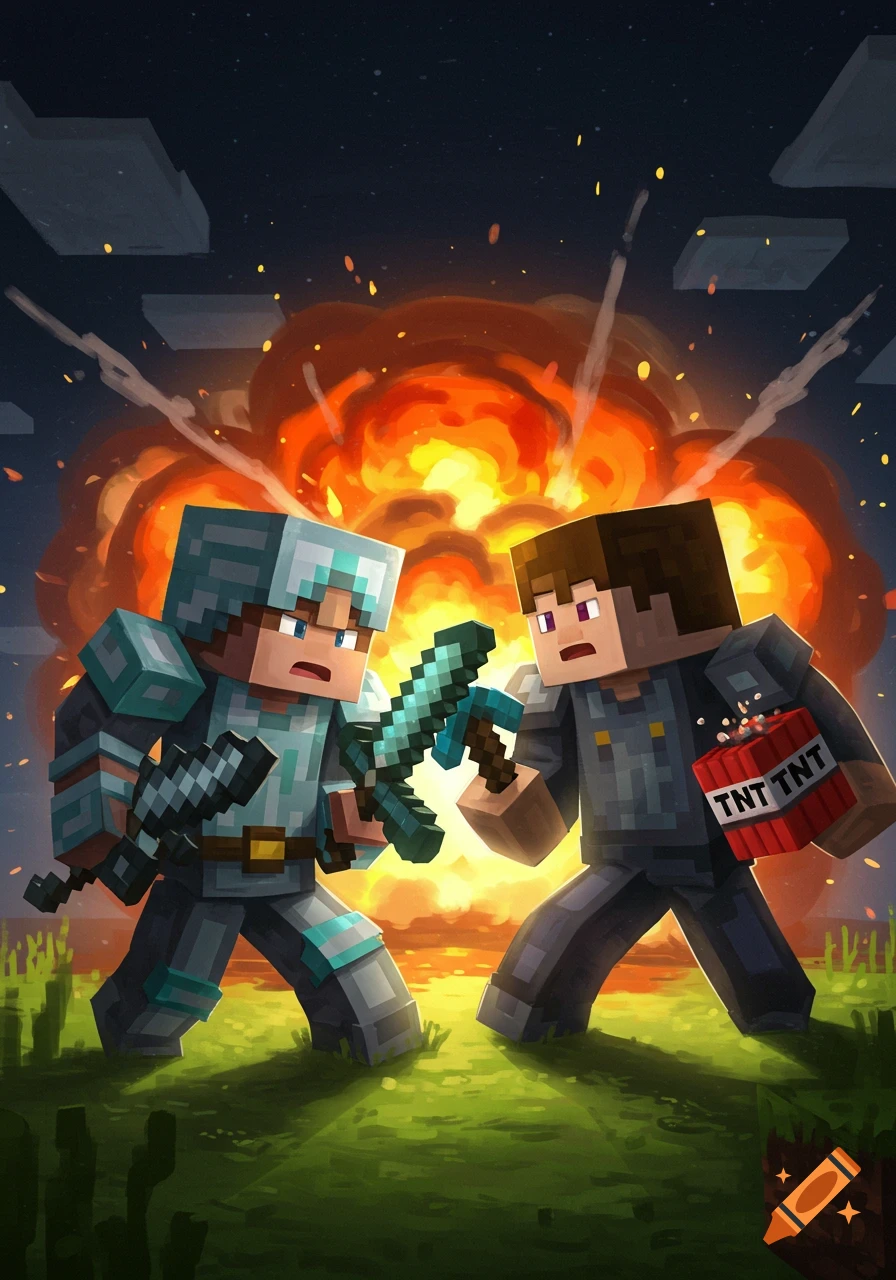 Minecraft characters fighting with TNT explosion cartoon style on Craiyon