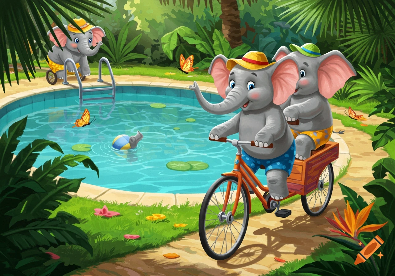 Cartoon elephants riding a bike near a swimming pool. on Craiyon