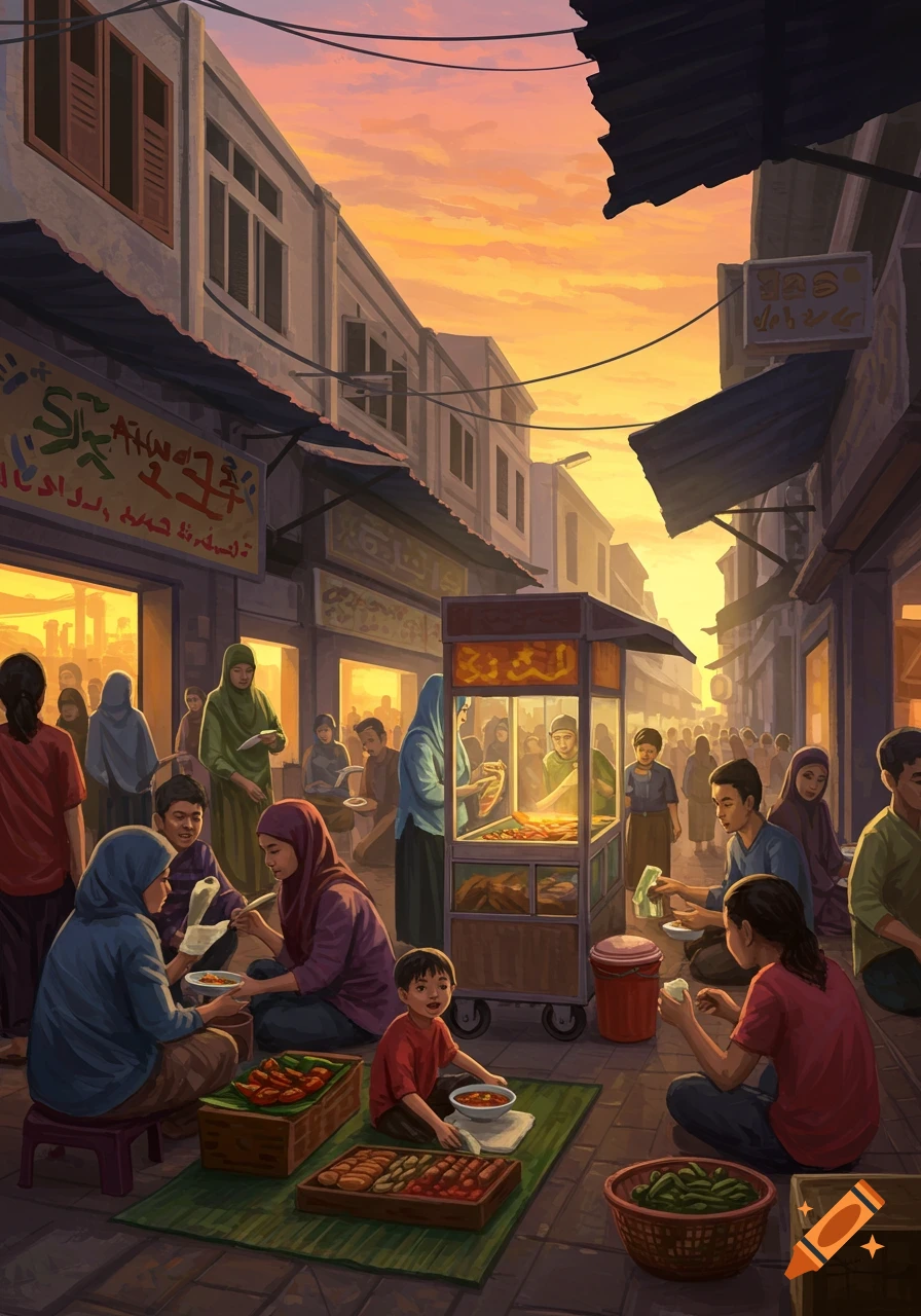 A bustling street market scene at sunset with people eating around a ...
