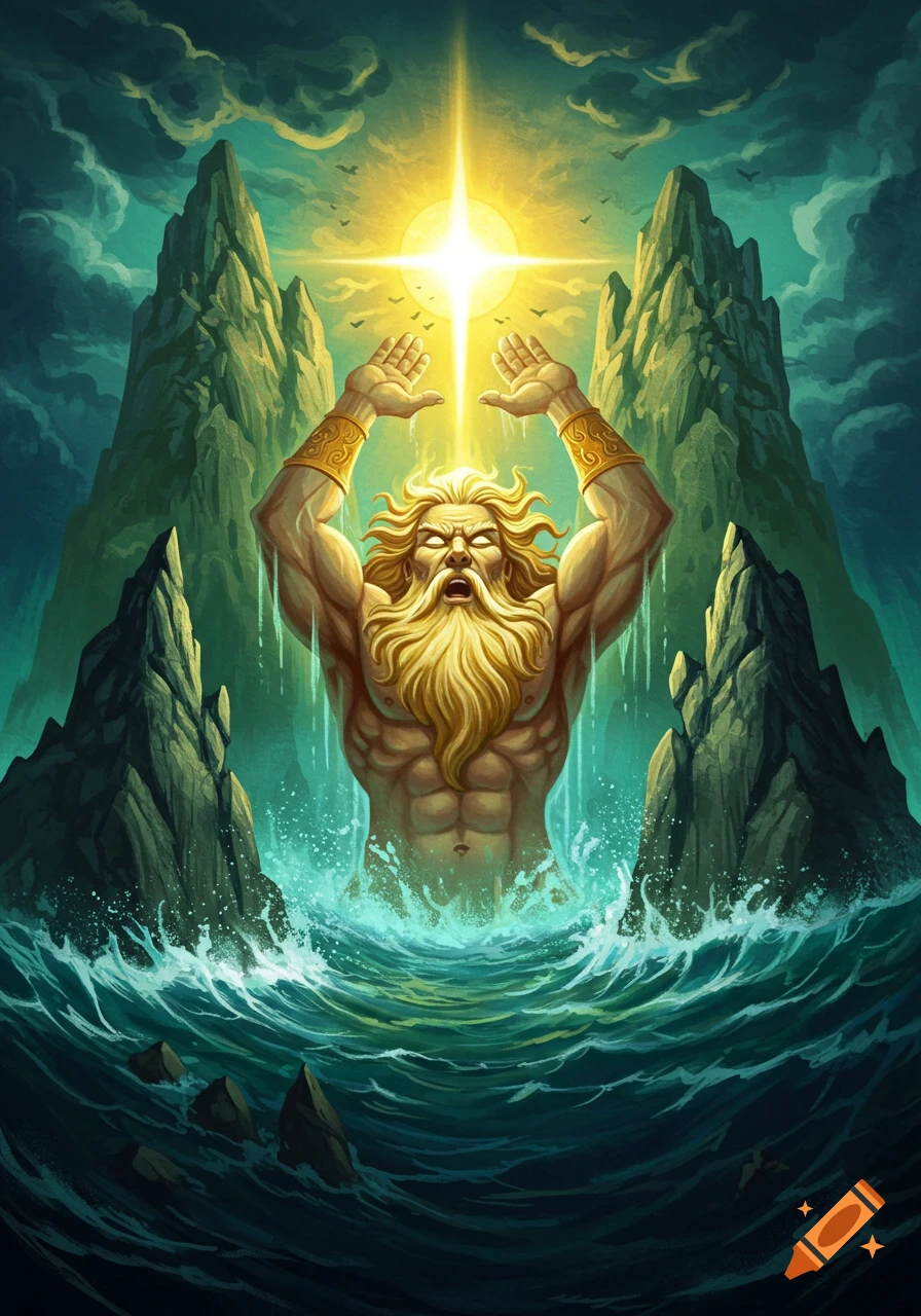 A powerful figure emerges from the sea between rocks, raising hands ...